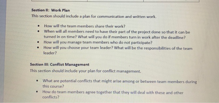 Solved Section II: Work Plan This section should include a | Chegg.com