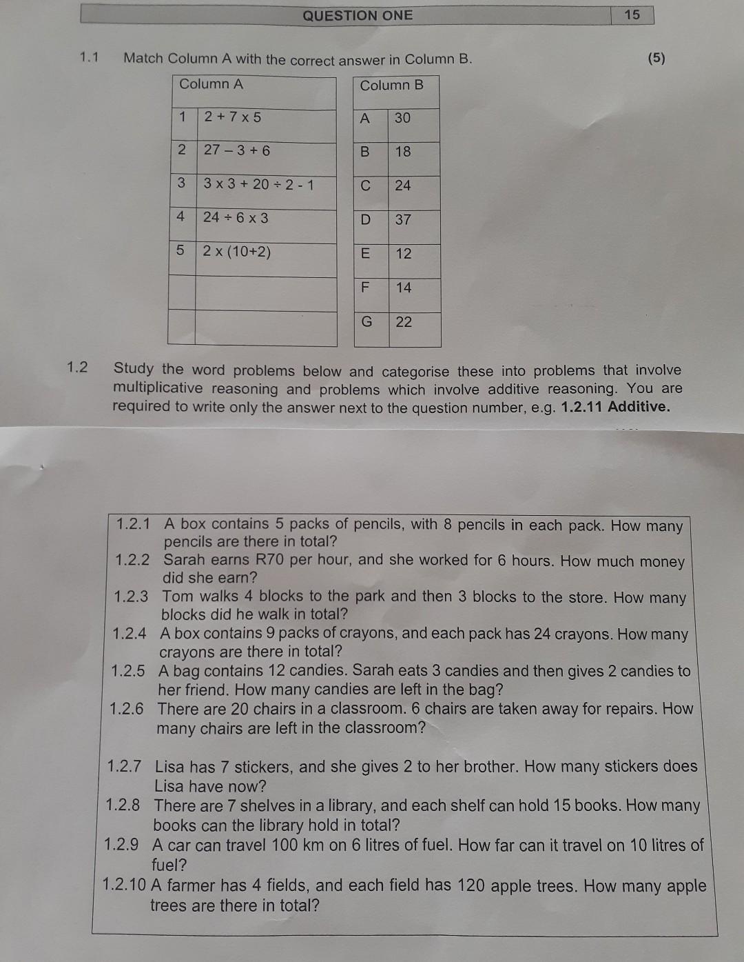 Solved 1.1 Match Column A with the correct answer in Column | Chegg.com