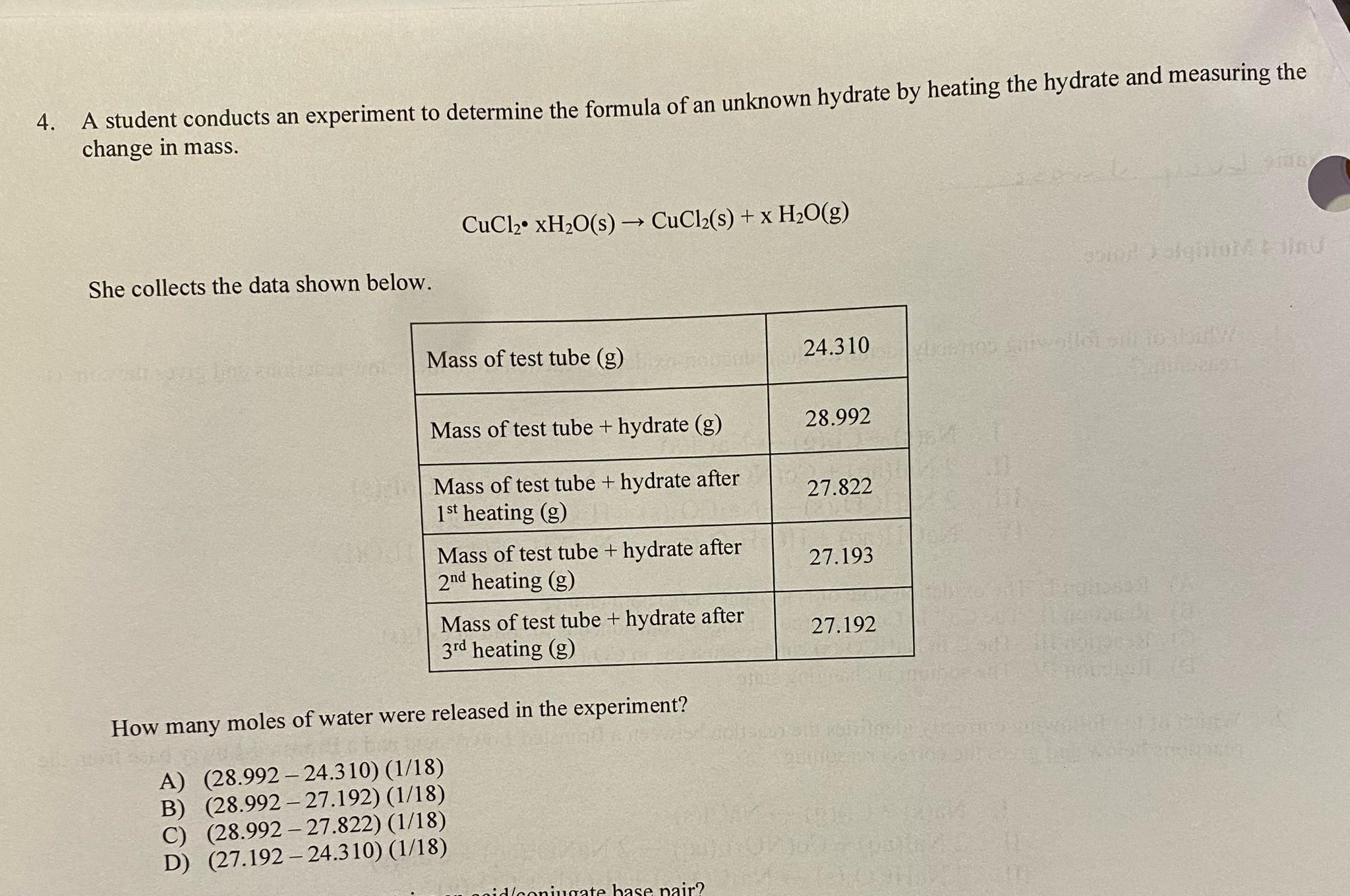 Solved A student conducts an experiment to determine the | Chegg.com