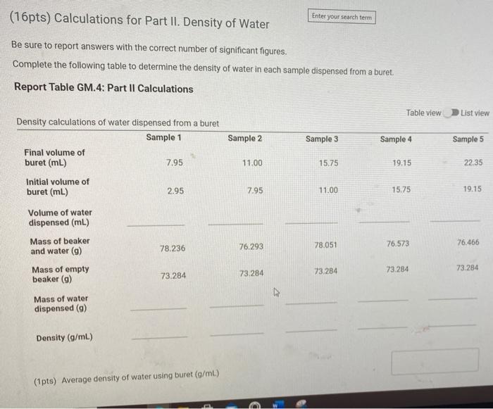 Solved (16pts) Calculations for Part II. Density of Water | Chegg.com