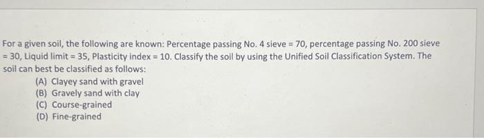 Solved For a given soil, the following are known: Percentage | Chegg.com