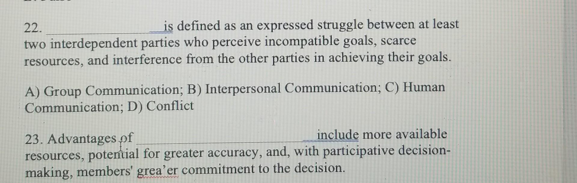 Solved 22. is defined as an expressed struggle between at | Chegg.com