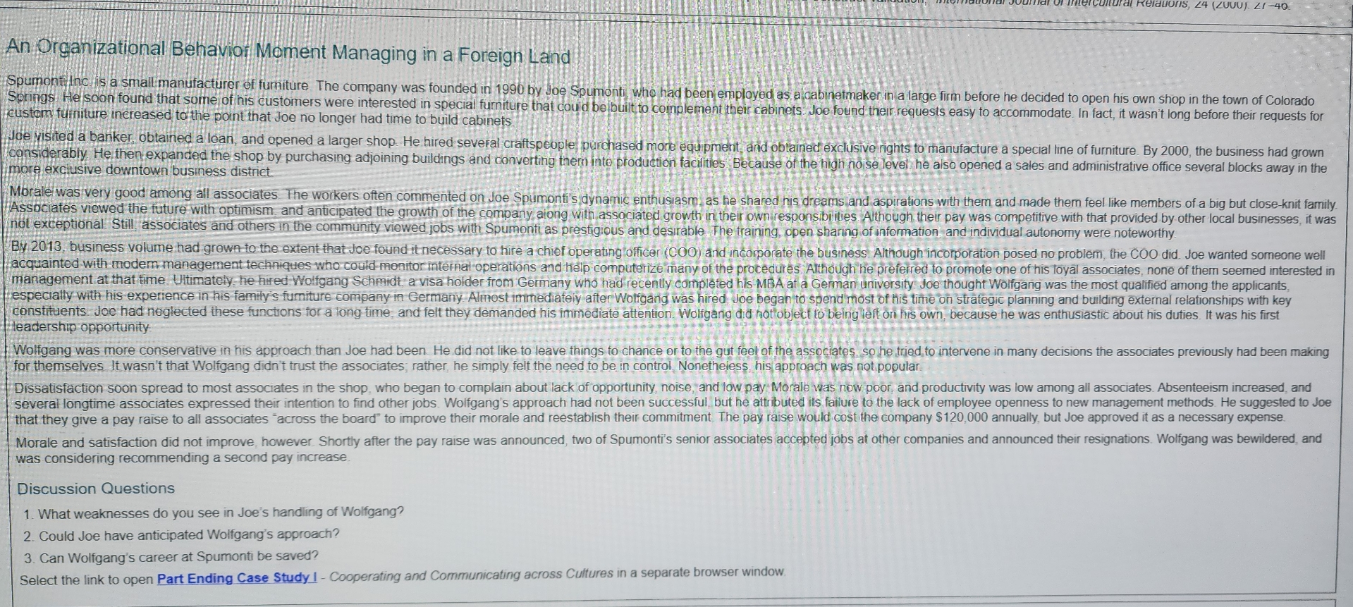Solved An Organizational Behavior Moment Managing in a | Chegg.com