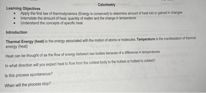 Solved Learning Objectives Calorimetry - Apply the first law | Chegg.com