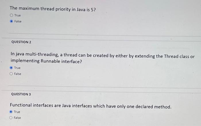 Solved The maximum thread priority in Java is 5? True False | Chegg.com