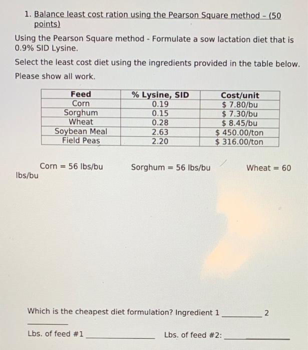 1. Balance least cost ration using the Pearson Square | Chegg.com