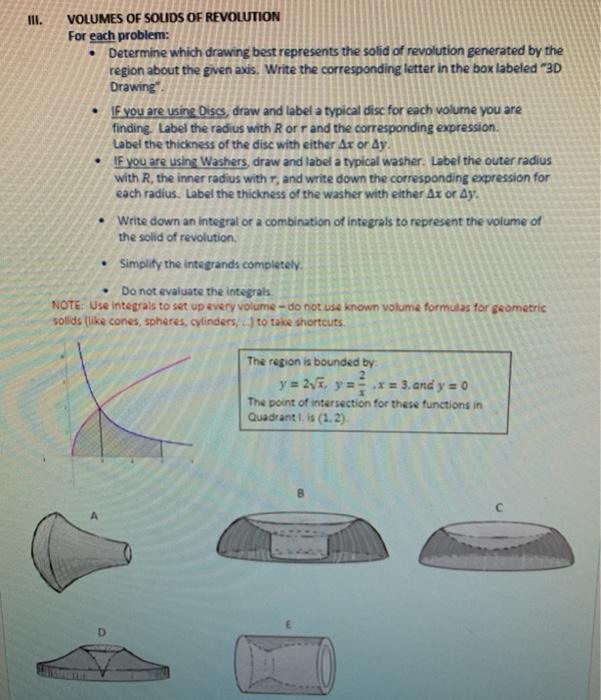 Solved III. VOLUMES OF SOLIDS OF REVOLUTION For each | Chegg.com
