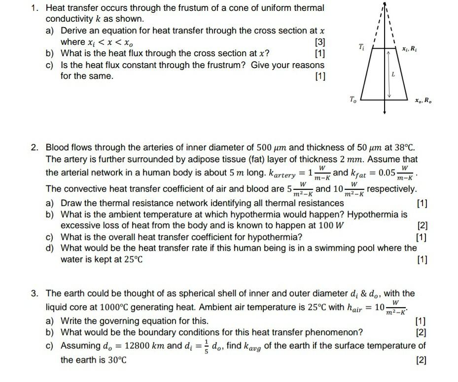 Solved 1. Heat transfer occurs through the frustum of a cone | Chegg.com
