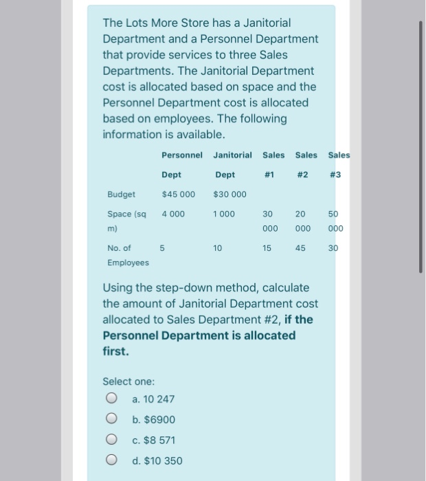 Solved #2 The Lots More Store has a Janitorial Department | Chegg.com