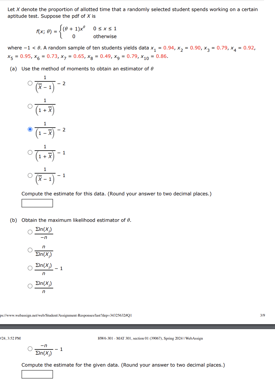 Solved -nΣln(xi)-1Compute the estimate for the given data. | Chegg.com