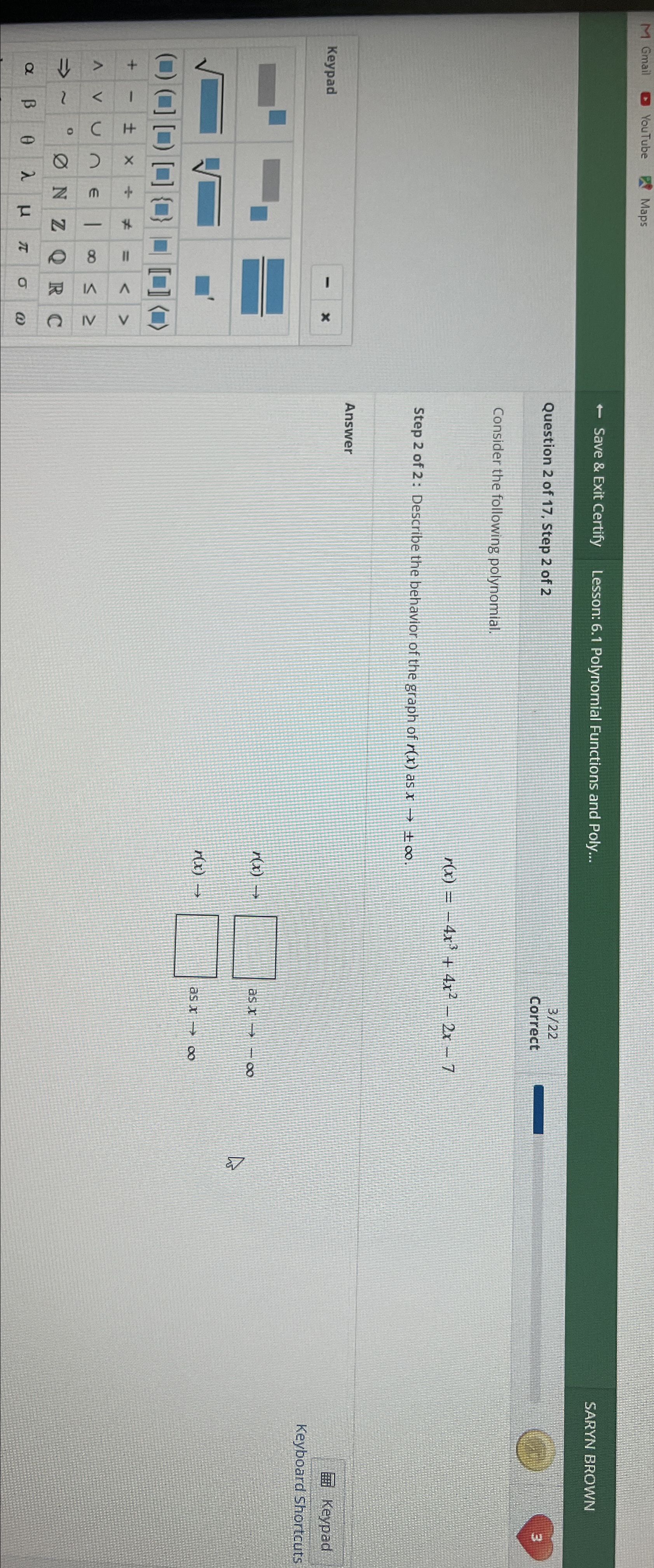 Solved M GmailYouTubeMapsSave & Exit CertifyLesson: 6.1 | Chegg.com
