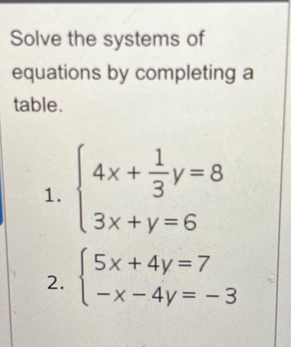 Solved Solve the systems of equations by completing a table. | Chegg.com