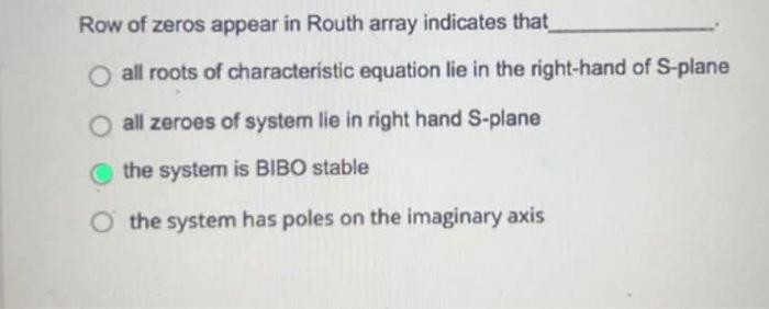 Solved Row of zeros appear in Routh array indicates that all | Chegg.com