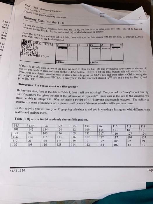 STAT 1350, Elementary Statistics Graphs | Chegg.com