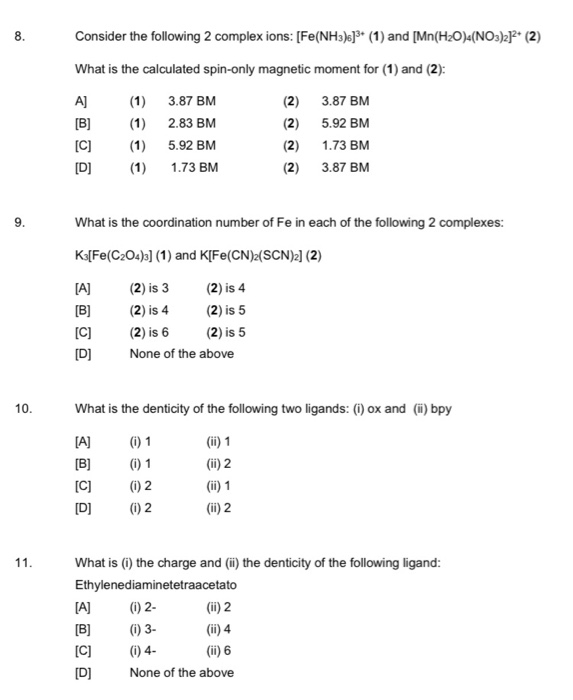 Solved 8. Consider the following 2 complex ions: [Fe(NH3)]3+ | Chegg.com
