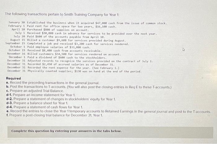 Solved The following transactions pertain to Smith Training | Chegg.com