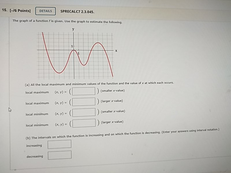 Solved 15. (-16 Points) DETAILS SPRECALC7 2.3.045. The graph | Chegg.com