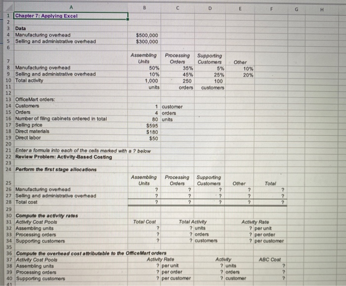 Solved G H А B с D E F 1 Chapter 7: Applying Excel 2 3 Data | Chegg.com