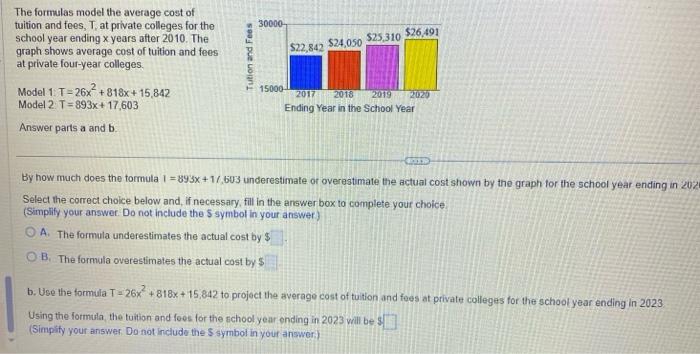 Solved The formulas model the average cost of tuition and | Chegg.com