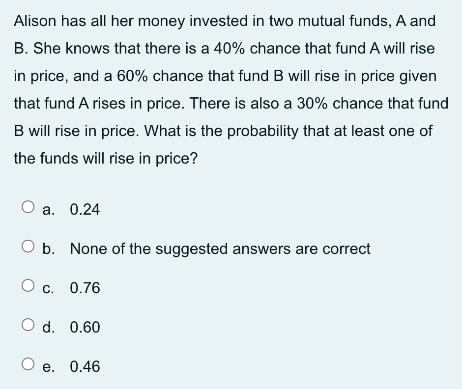 Solved Alison has all her money invested in two mutual | Chegg.com