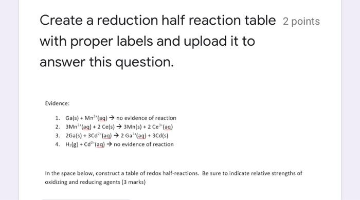 Solved Create a reduction half reaction table 2 points with | Chegg.com