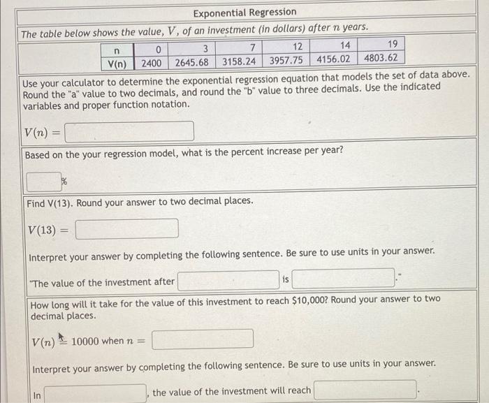 Solved Exponential Regression The table below shows the | Chegg.com
