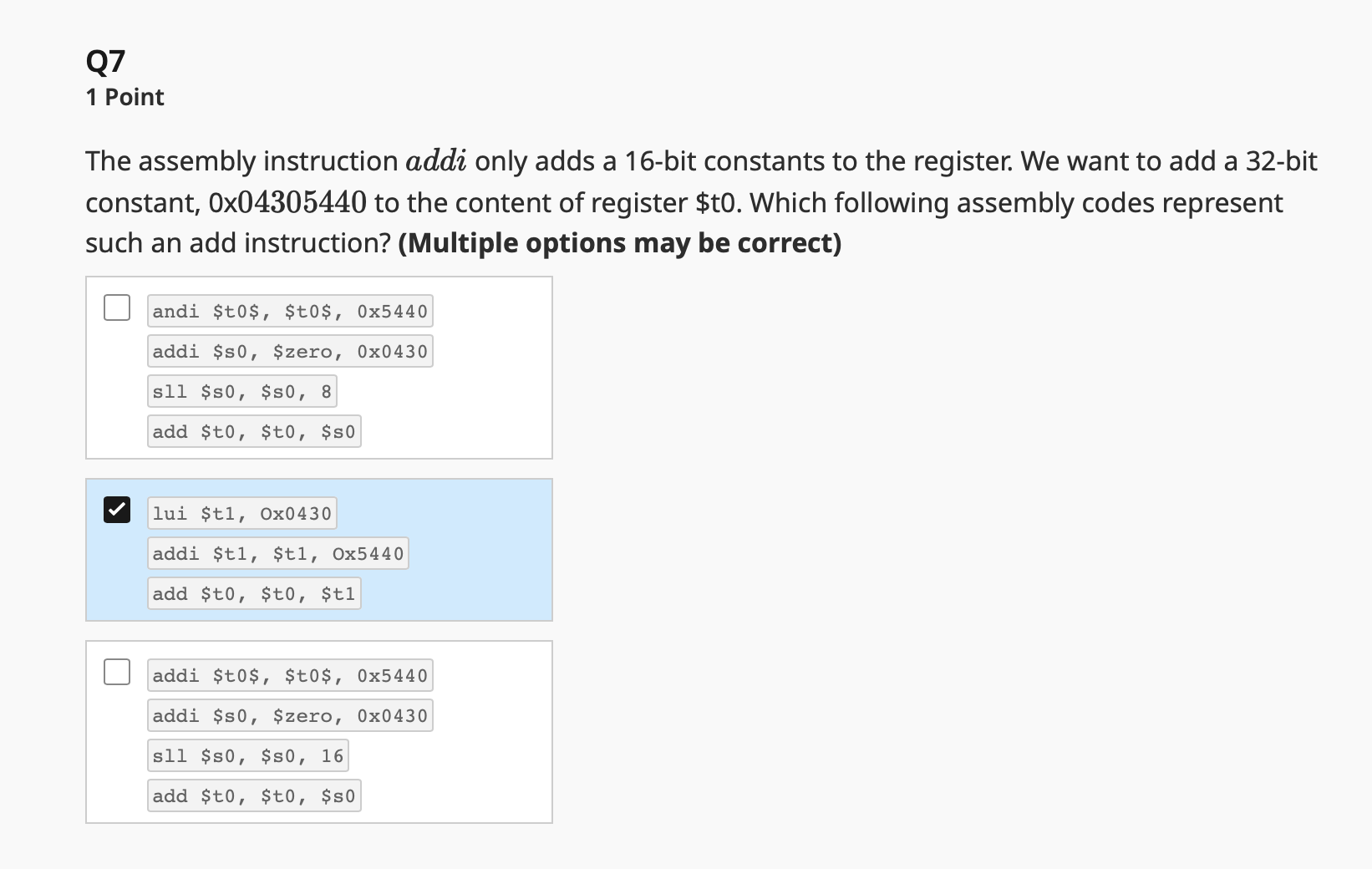 Solved 1 ﻿PointThe assembly instruction addi only adds a | Chegg.com