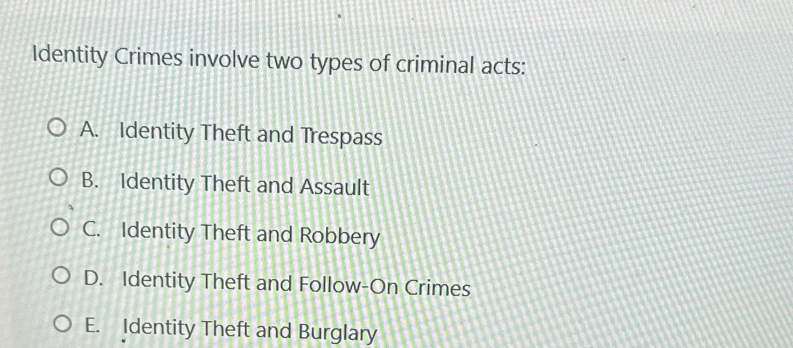 Solved Identity Crimes involve two types of criminal acts:A. | Chegg.com