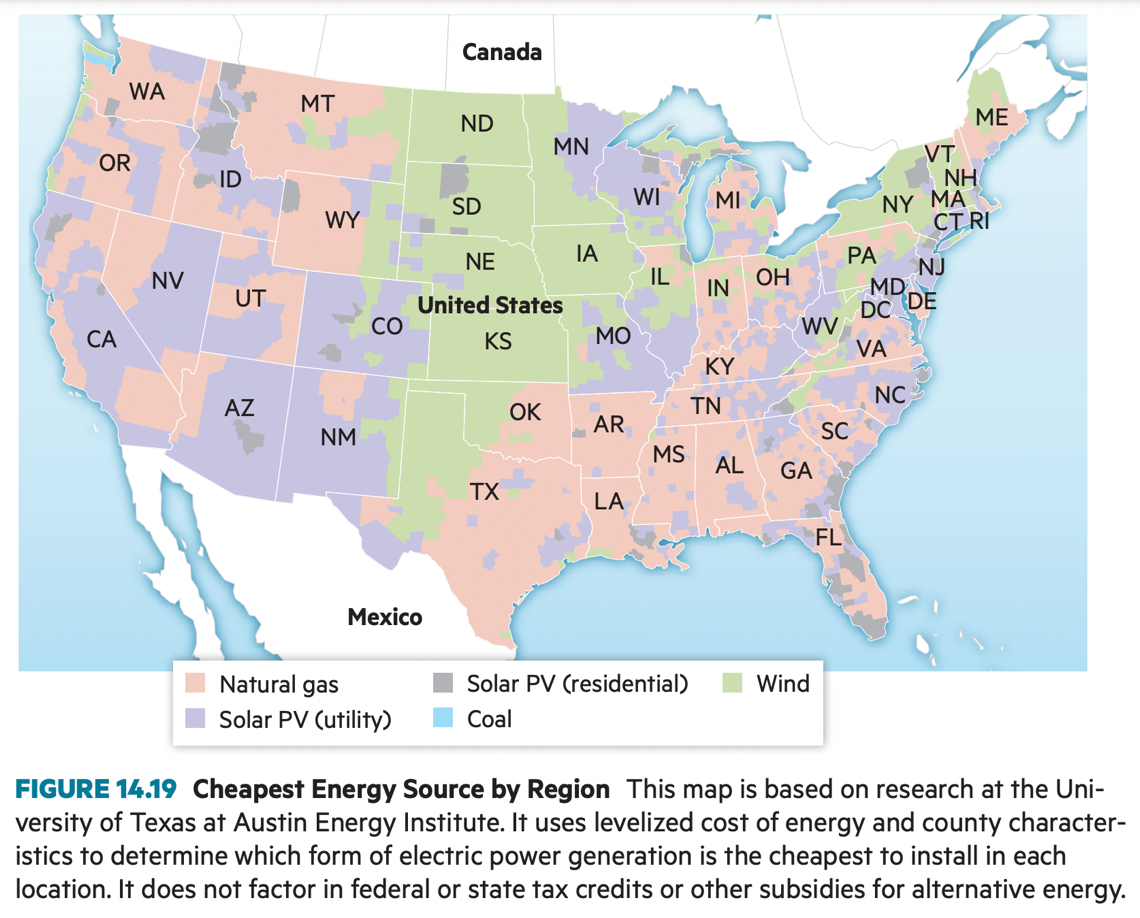 Solved FIGURE 14.19 ﻿Cheapest Energy Source by Region This | Chegg.com