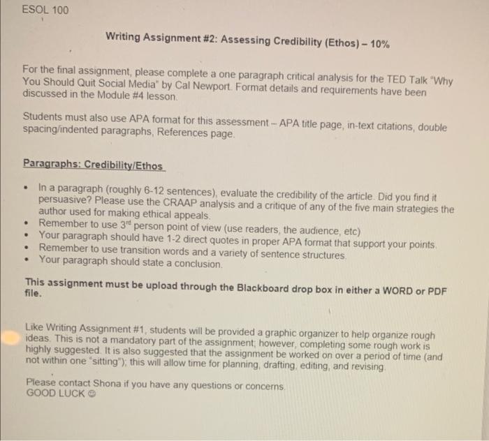 Writing Assignment \#2: Assessing Credibility (Ethos) | Chegg.com