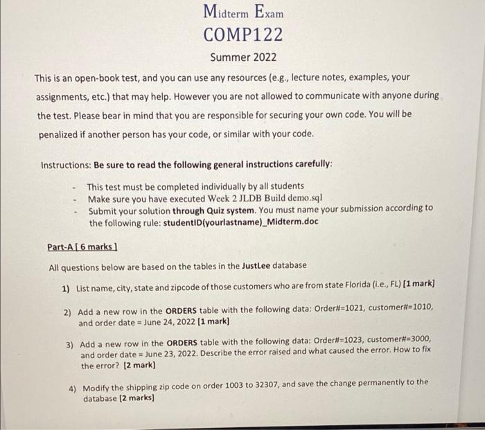 Solved Midterm Exam COMP122 Summer 2022 This is an open-book | Chegg.com