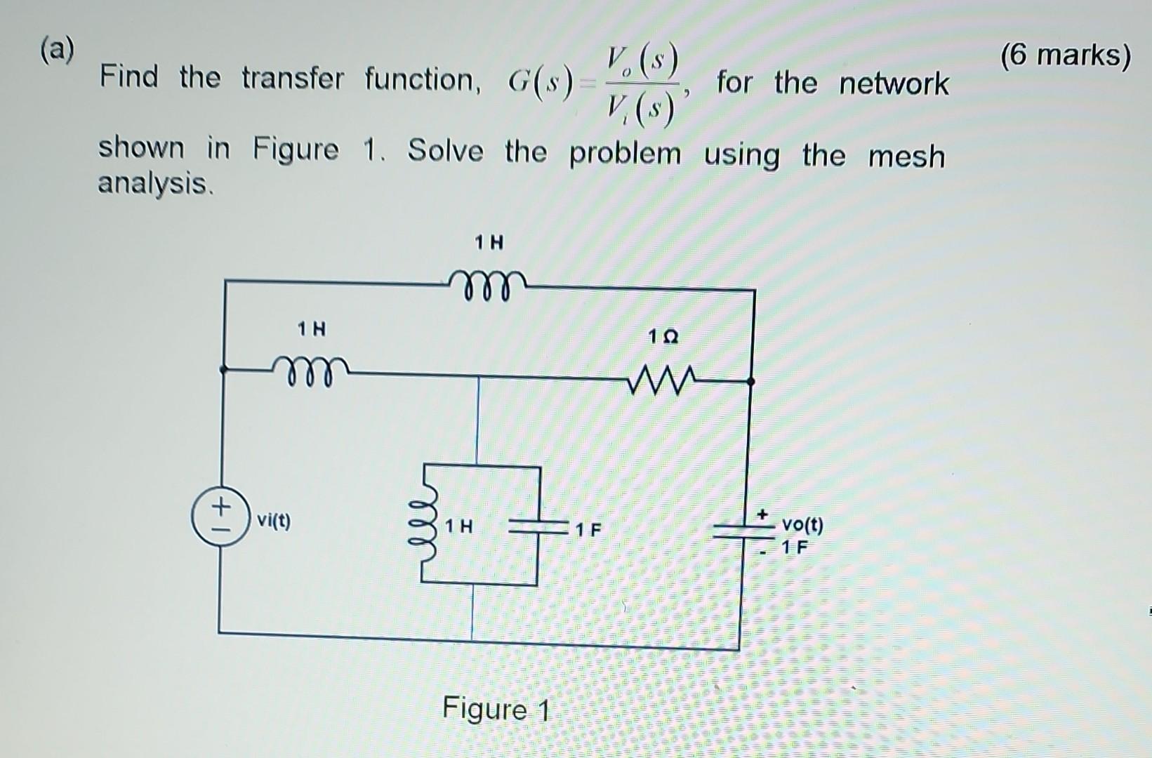 Solved (a) Find the transfer function, G(s)=Vi(s)Vo(s), for | Chegg.com