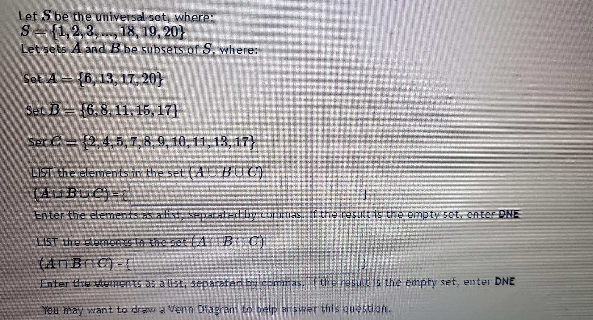 Solved Let S be the universal set, where: | Chegg.com