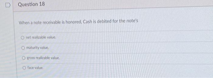 Solved When a note receivable is honored, Cash is debited | Chegg.com