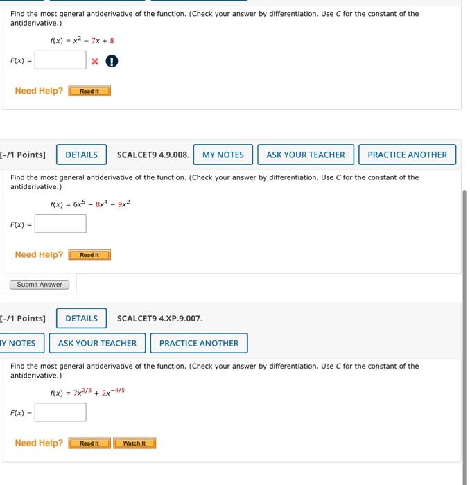 Solved Find the most general antiderivative of the function. | Chegg.com