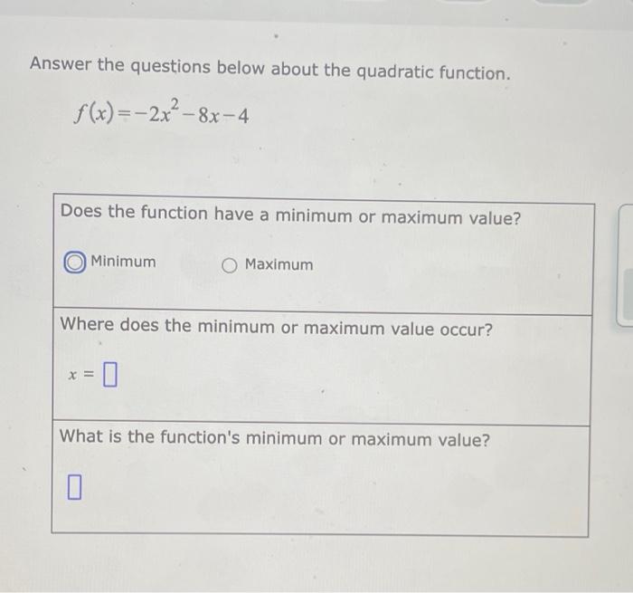 Solved Answer the questions below about the quadratic | Chegg.com