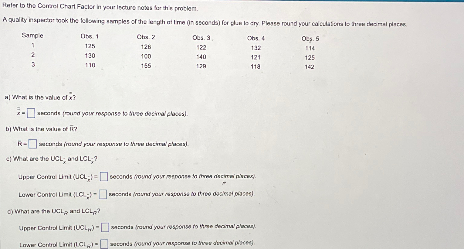 Solved Refer to the Control Chart Factor in your lecture | Chegg.com