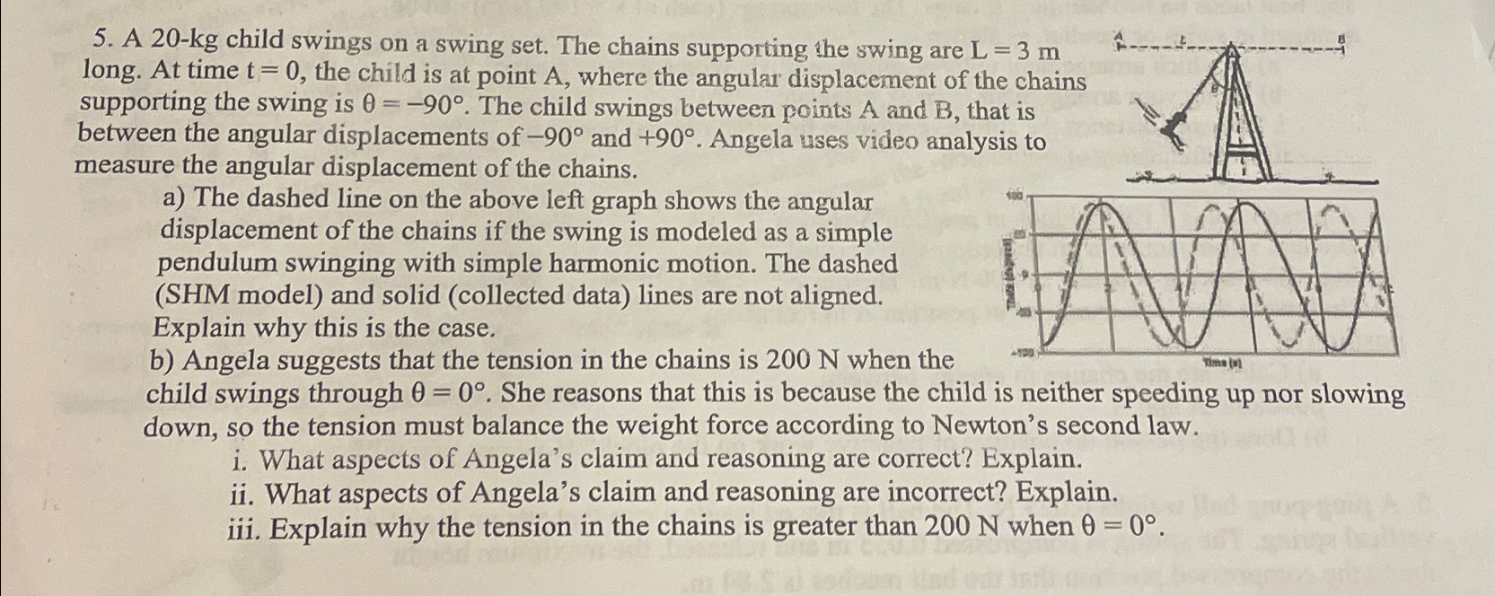 Solved A 20-kg ﻿child swings on a swing set. The chains | Chegg.com