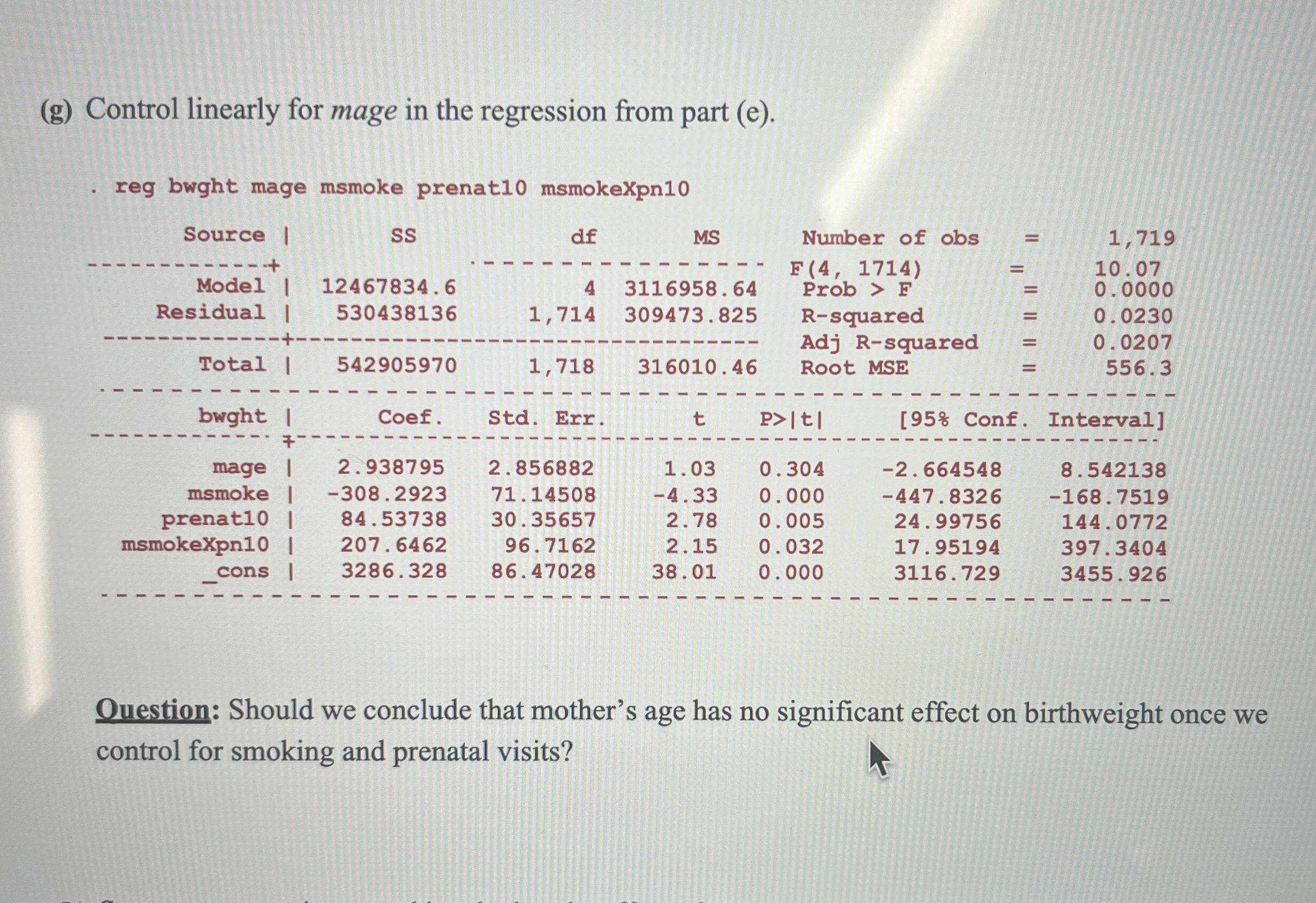 Solved (g) ﻿Control linearly for mage in the regression from | Chegg.com