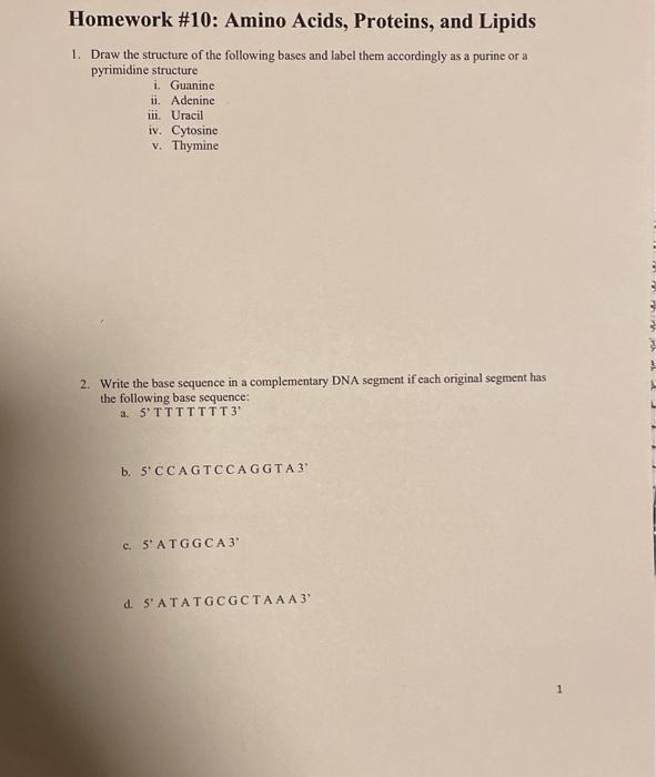 Solved Homework \#10: Amino Acids, Proteins, and Lipids 1. | Chegg.com