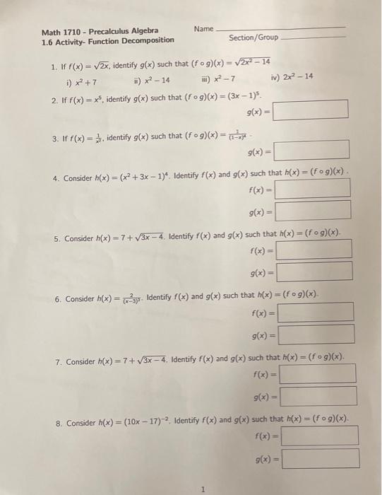 Solved Math 1710 - Precalculus Algebra Name 1.6 | Chegg.com