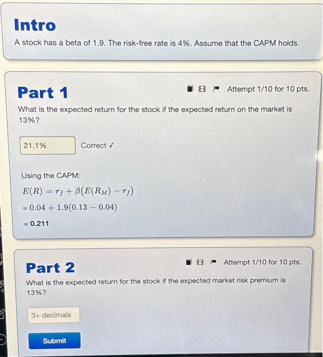Solved Intro A stock has a beta of 1.9. The risk-free rate | Chegg.com