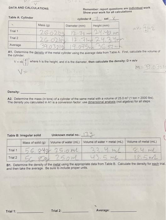 Solved DATA AND CALCULATIONS Table A: Cylinder Remember: | Chegg.com