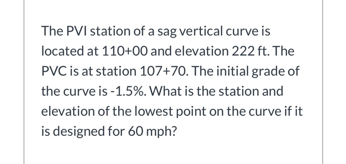 Solved The PVI station of a sag vertical curve is located at | Chegg.com