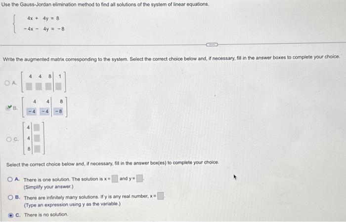 Solved {4x+4y−4x−4y=8=−8 Write the augmented matrix | Chegg.com