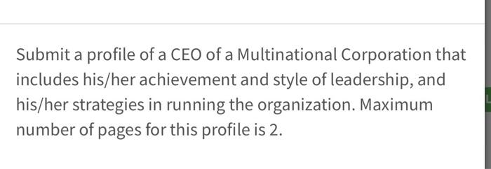 Solved Submit a profile of a CEO of a Multinational | Chegg.com