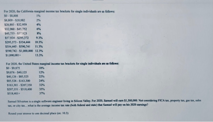 Solved For 2020, the California marginal income tax brackets | Chegg.com