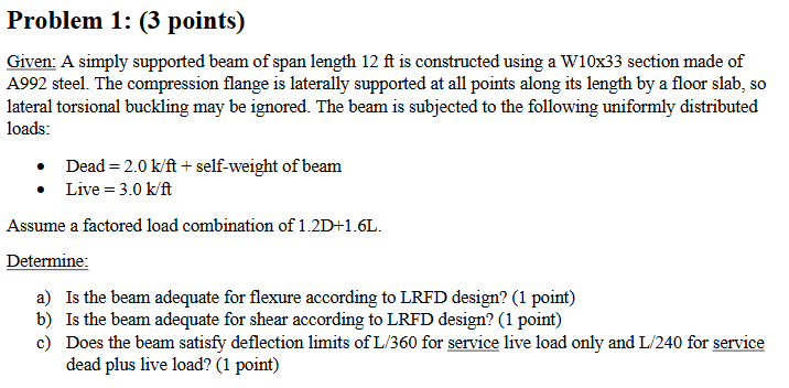 Solved Problem 1: (3 ﻿points) ﻿Given: A simply supported | Chegg.com