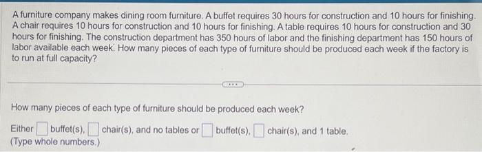 Solved A furniture company makes dining room furniture. A | Chegg.com