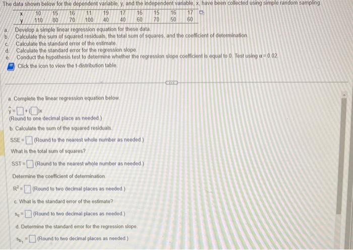 Solved a. Develop a simple linear regression equation for | Chegg.com